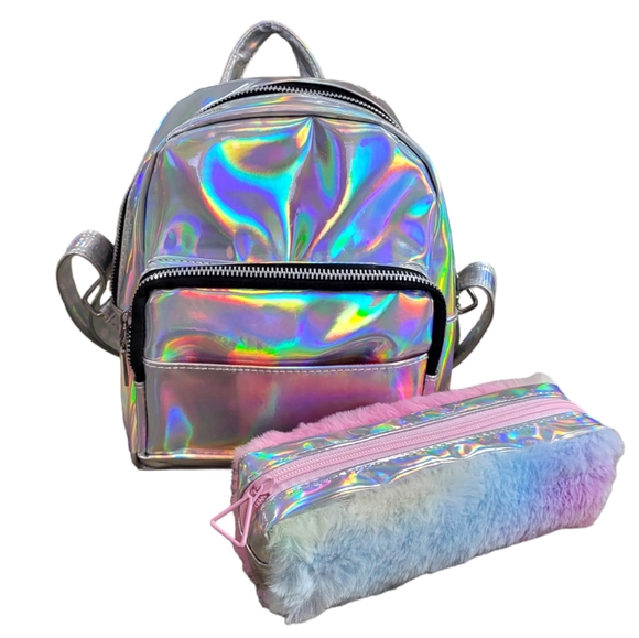 Bags | Holographic Mini Backpack With Fuzzy Pencil Case Silver | Poshmark
